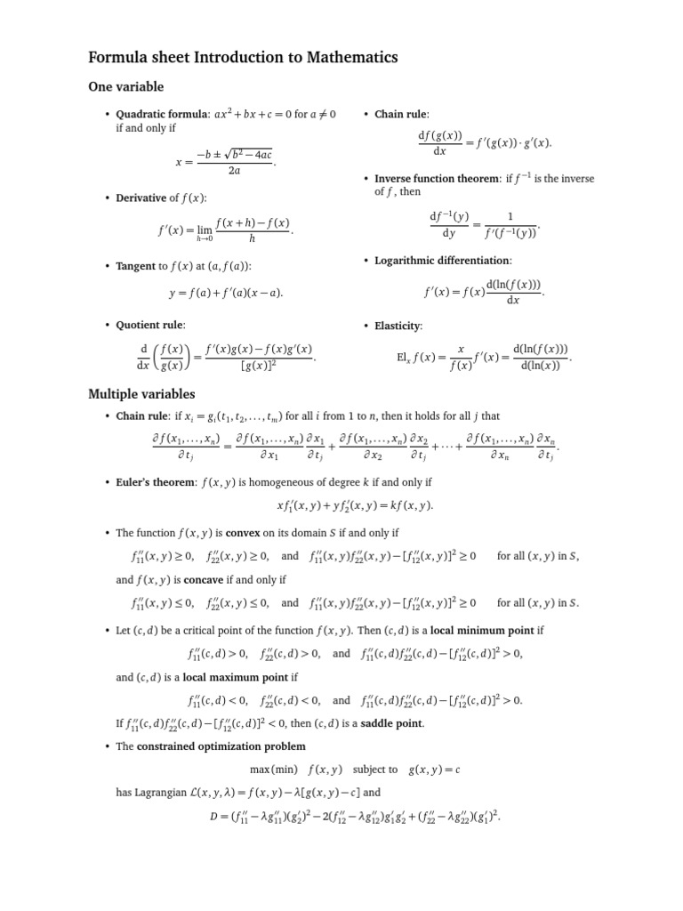 Formula Sheet Introduction To Mathematics | PDF | Elementary ...
