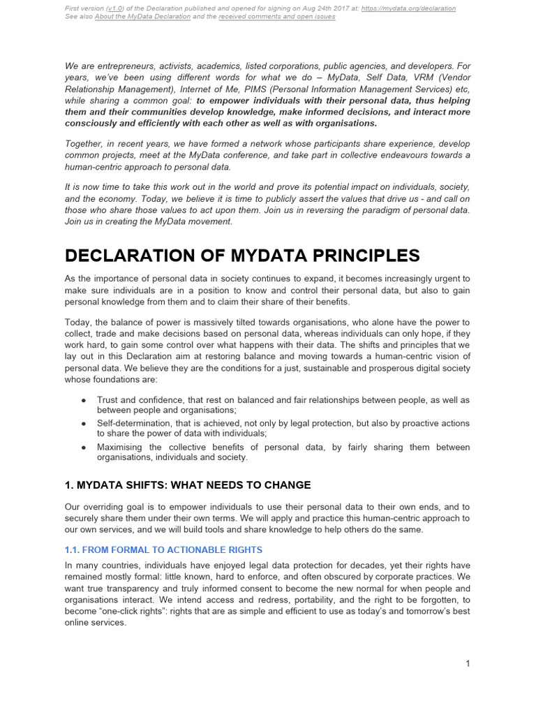 MyData Declaration v1.0 EN | PDF | Privacy