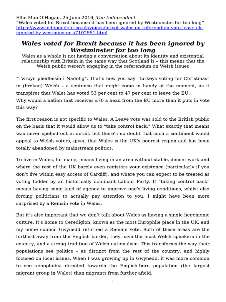 Wales Voted For Brexit Because It Has Been Ignored by Westminster For ...