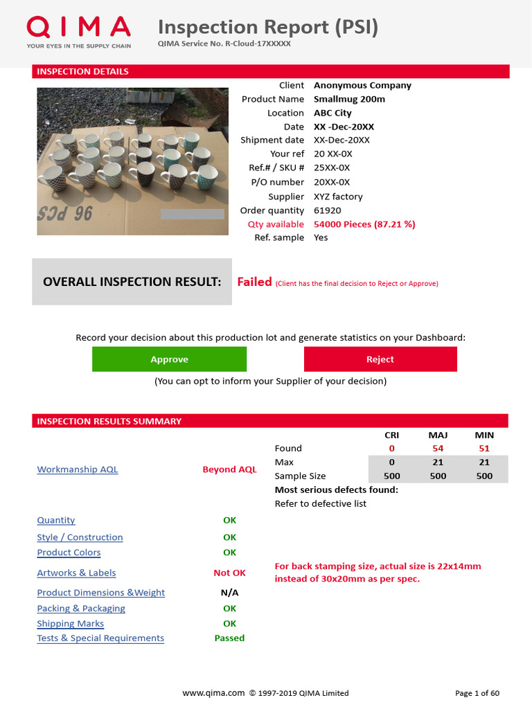 QIMA - Inspection Report - Small Mugs - Failed | PDF | Length ...