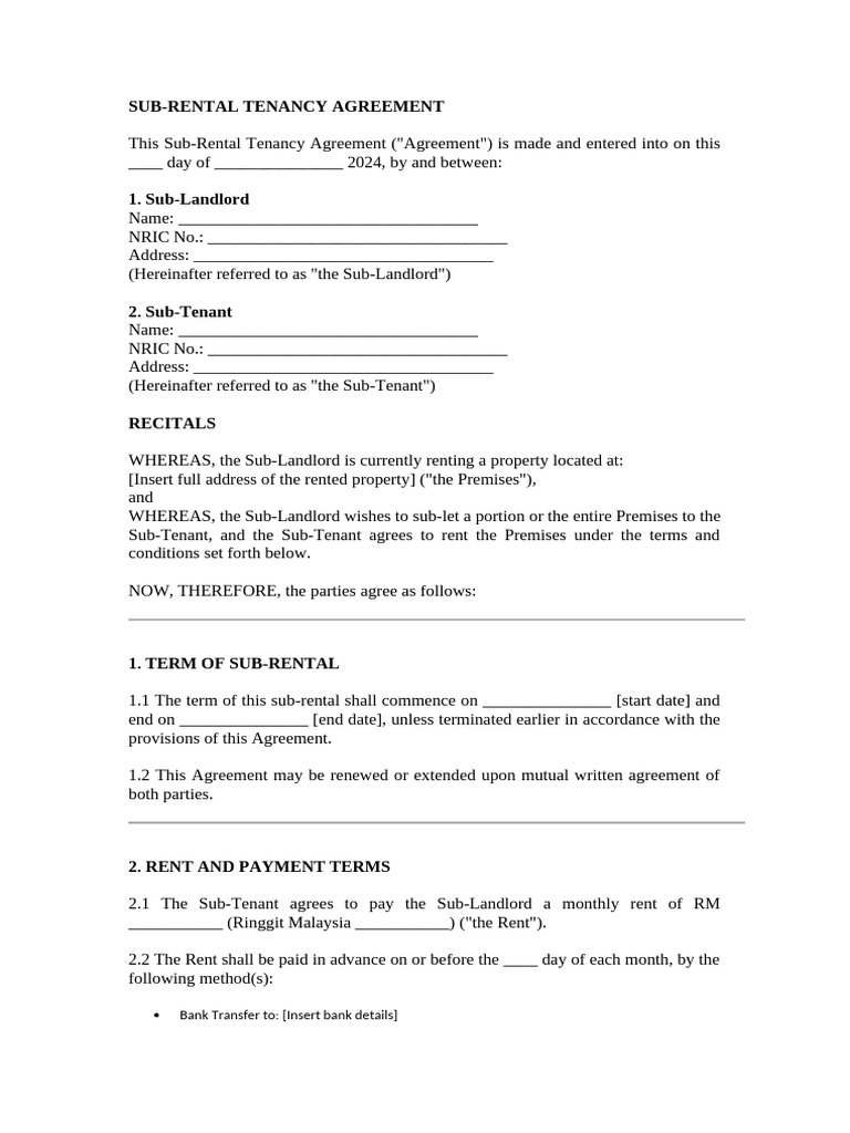 Sub-Rental Tenancy Agreement Template | PDF | Lease | Civil Law (Legal ...