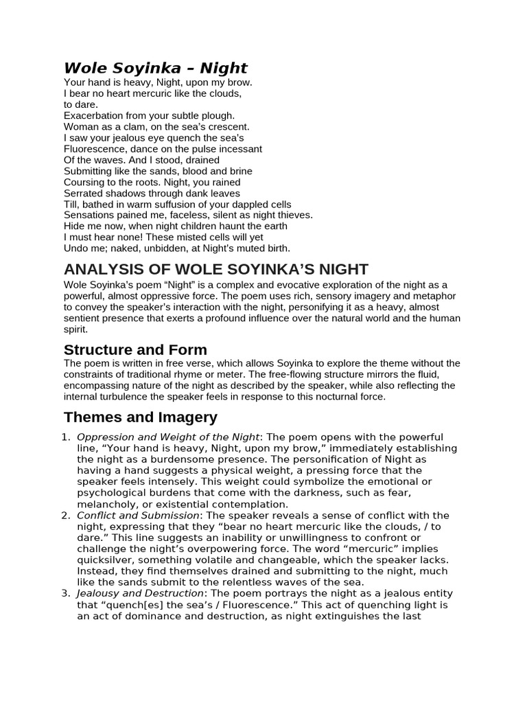Literature Lesson Notes On Night | PDF