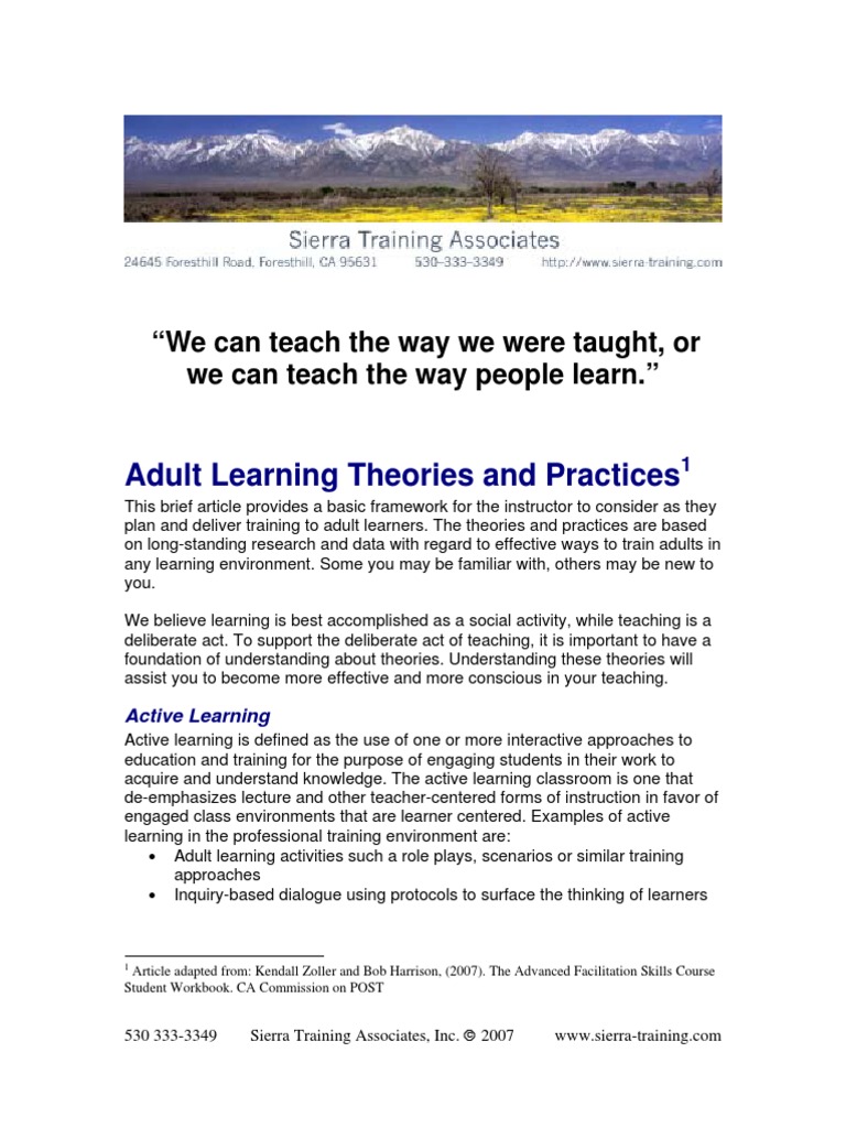 Adult Learning Theories and Practices | PDF | Instructional Design ...
