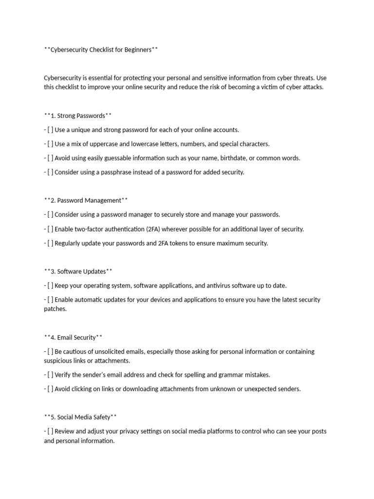 Cybersecurity Checklist For Beginners | PDF | Password | Security