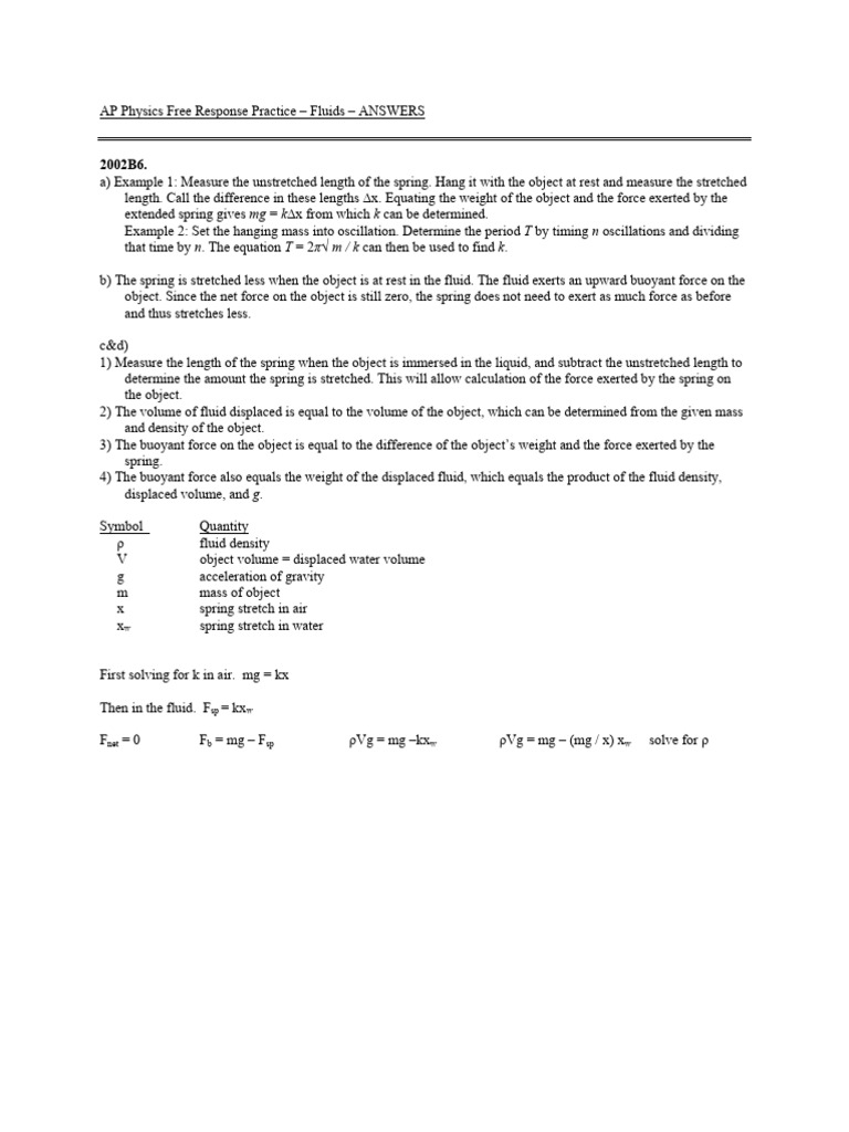 AP Physics Fluids Solutions | PDF | Buoyancy | Temporal Rates