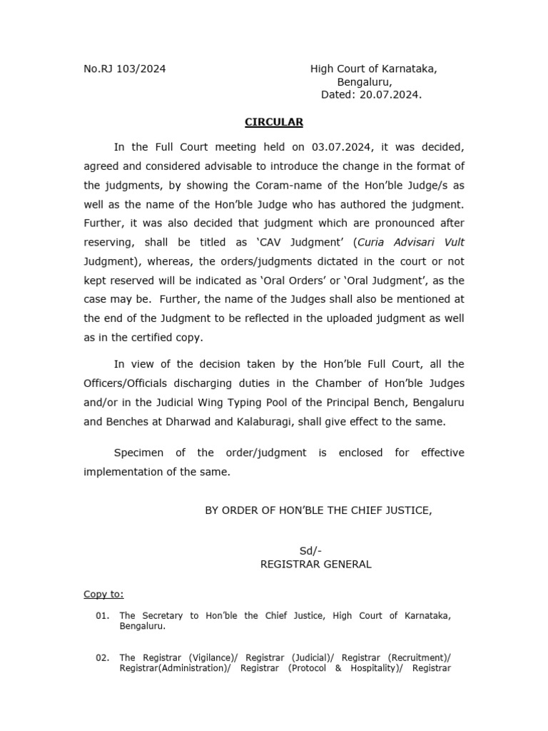 Karnataka HC Circular | PDF | Judgment (Law) | Appeal