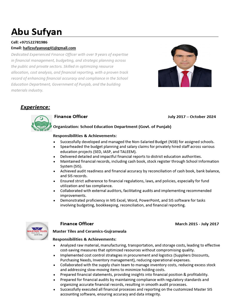 Final Sufyan CV As Finance | PDF | Supply Chain | Audit