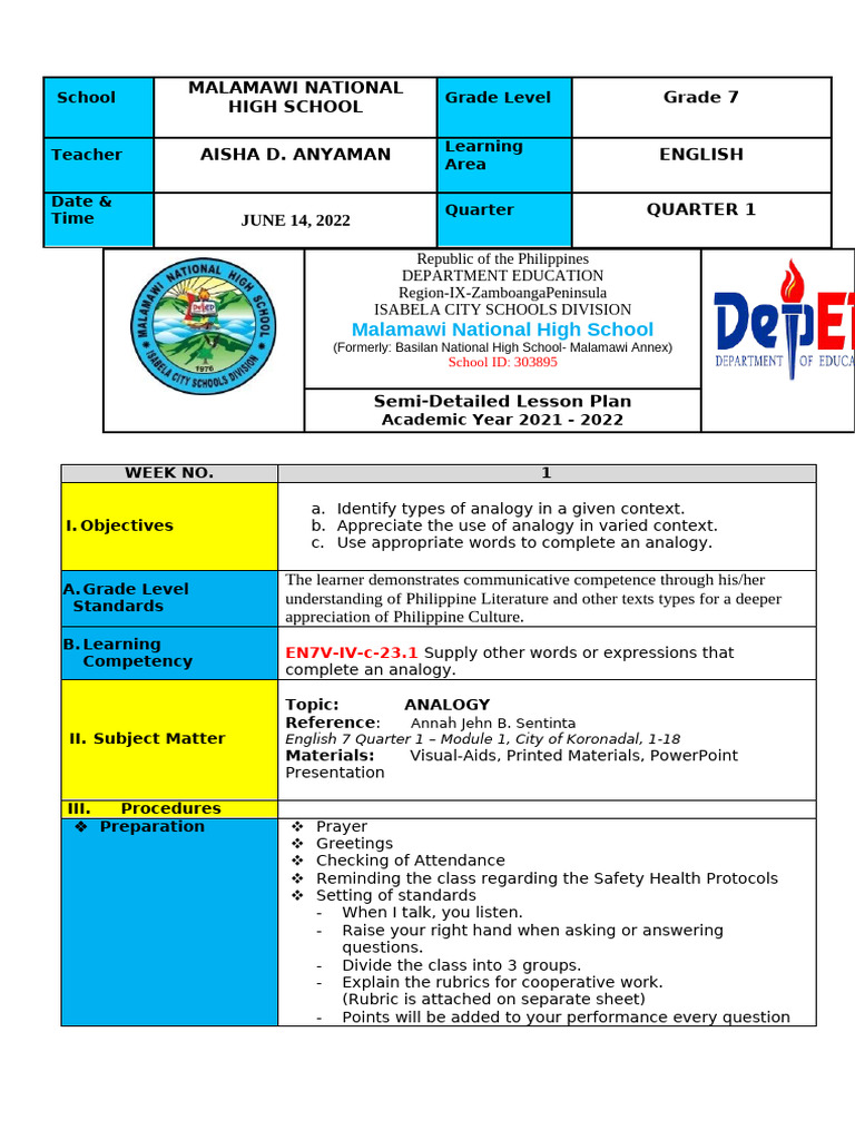 Lesson Plan Analogy | PDF | Analogy | Lesson Plan