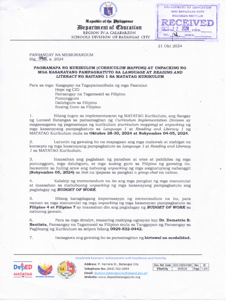 DIVISION MEMORANDUM No. 585, s.2024 Pagmamapa NG Kurikulum (Curriculum ...