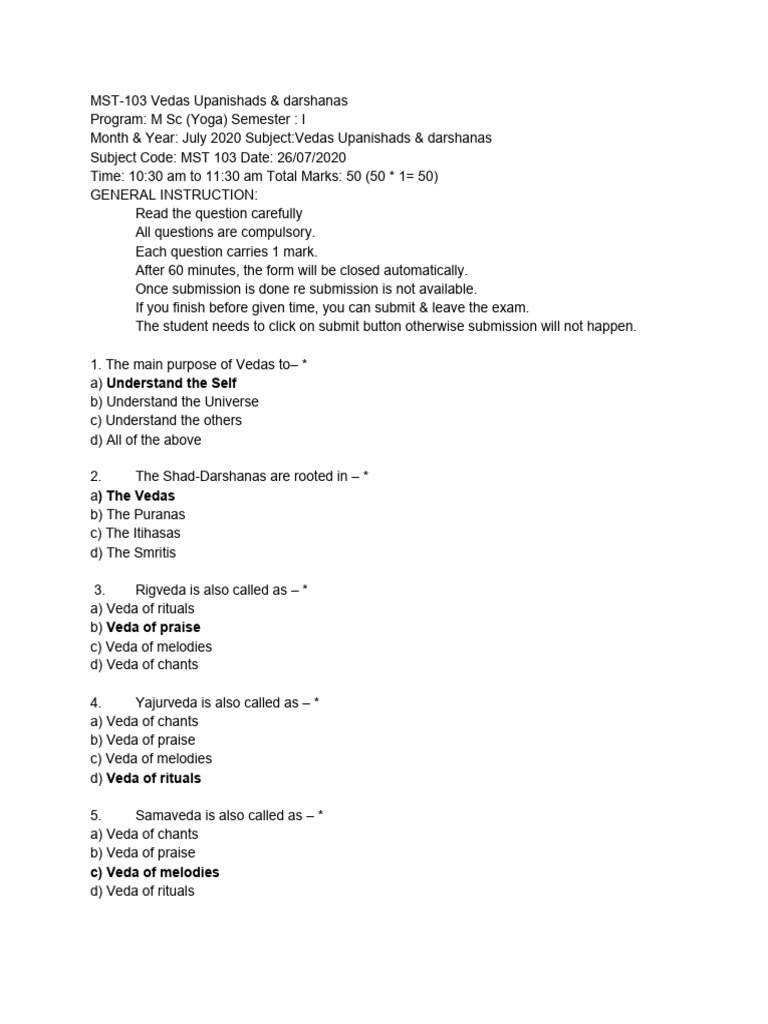 MST 103 Ramanan Answers Vedas Upanishads & Darshanas July2020 | PDF | Vedas | Moksha