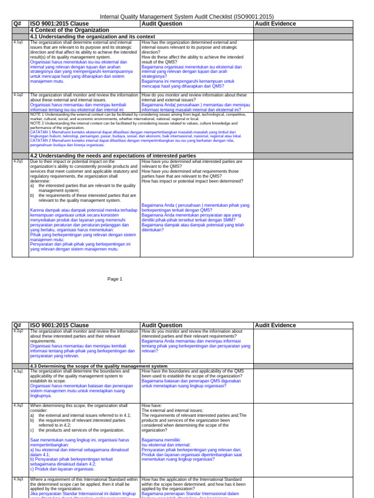 Audit ISO 9001 2015 Checklist | PDF | Karier & Perkembangan ...