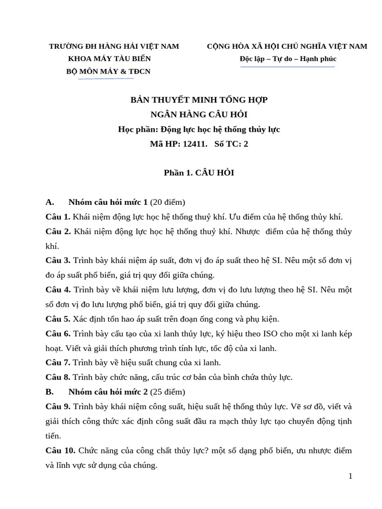 Ngân Hàng Câu Hỏiđáp Án ĐLH HTTK | PDF