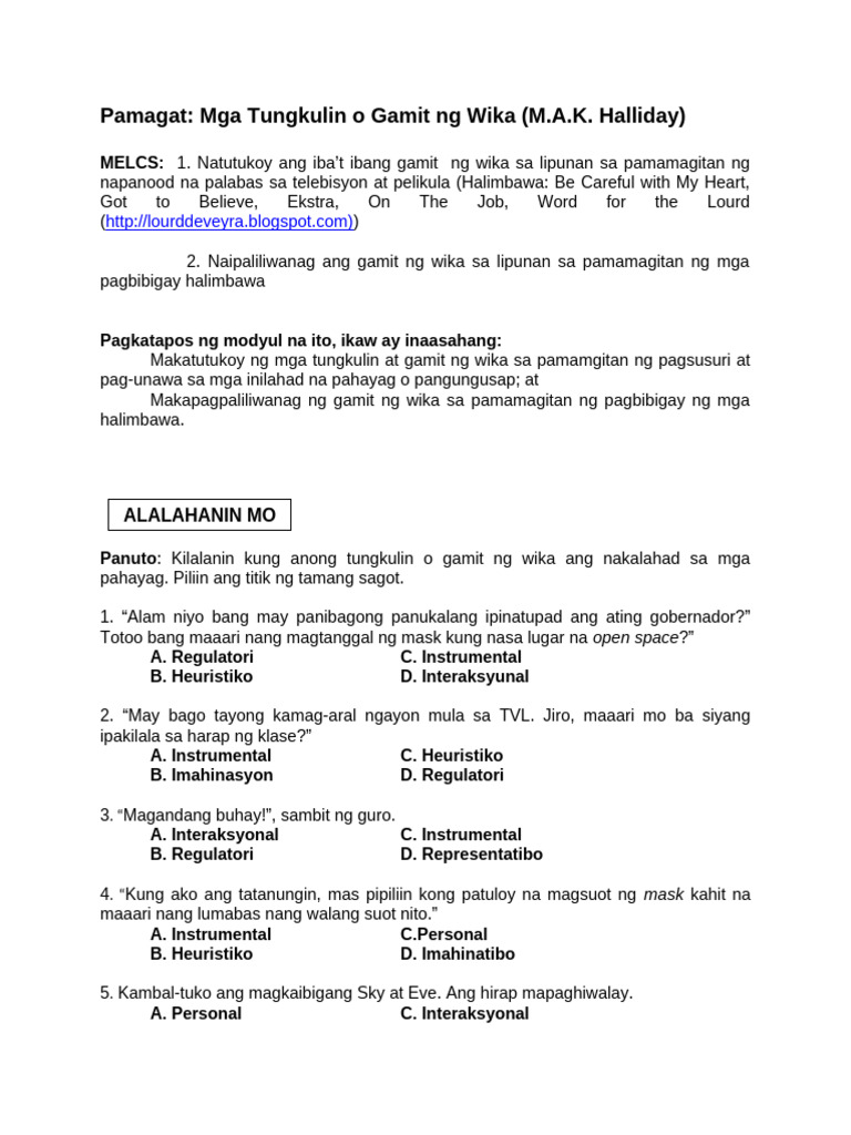 Mga Gamit NG WIka Ayon Kay MAK Halliday | PDF