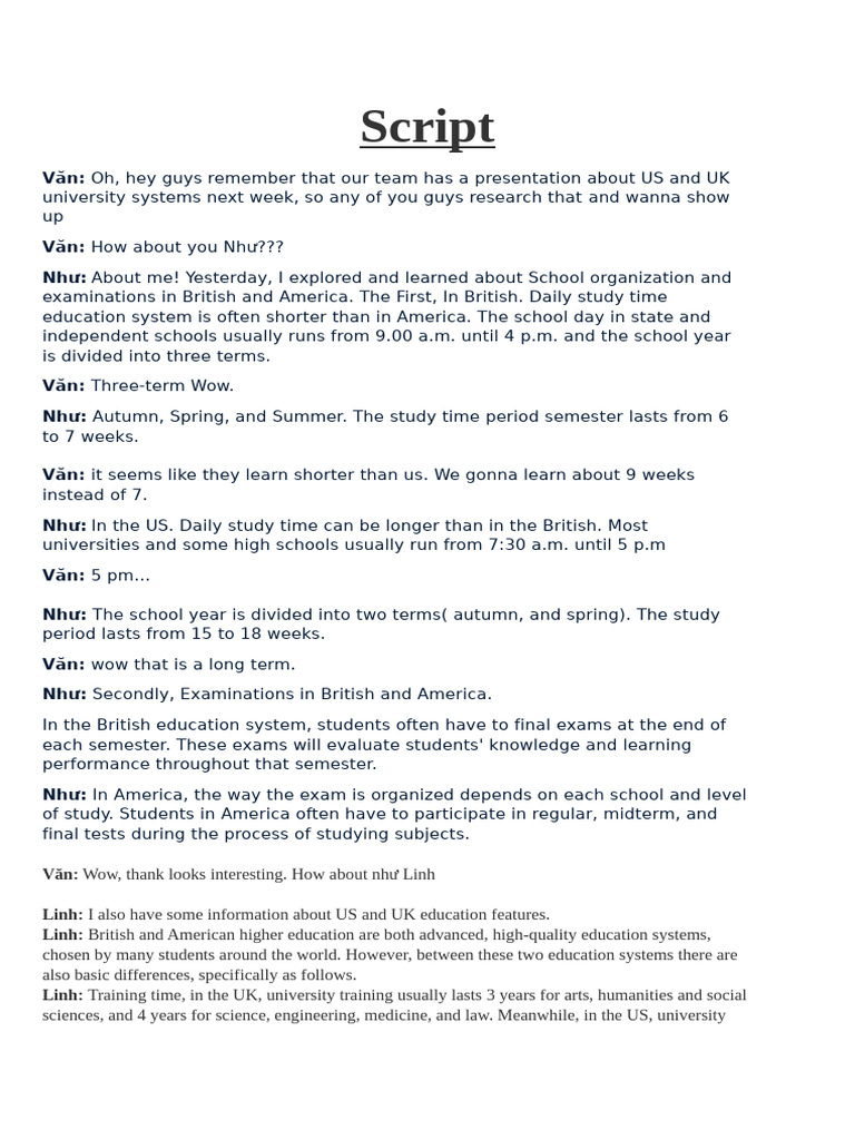 21DTA1D-Group 8 Văn - US UK Culture-Script | PDF | Tuition Payments