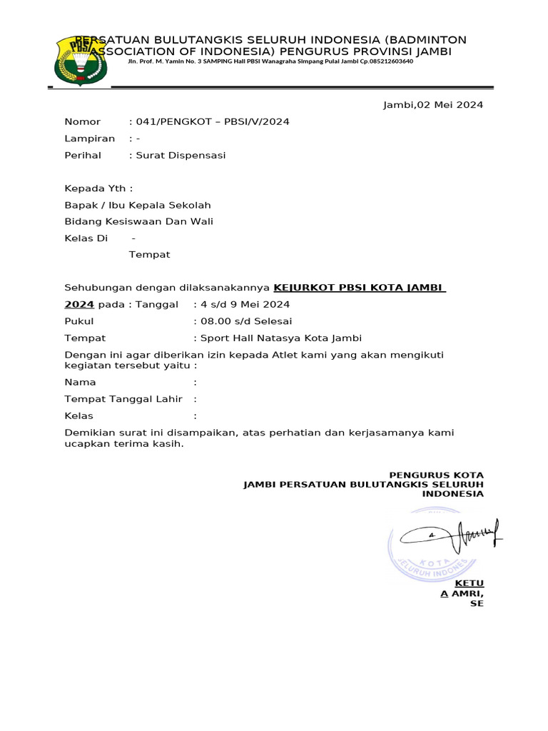 Surat Dispensasi Atlet PBSI Jambi | PDF