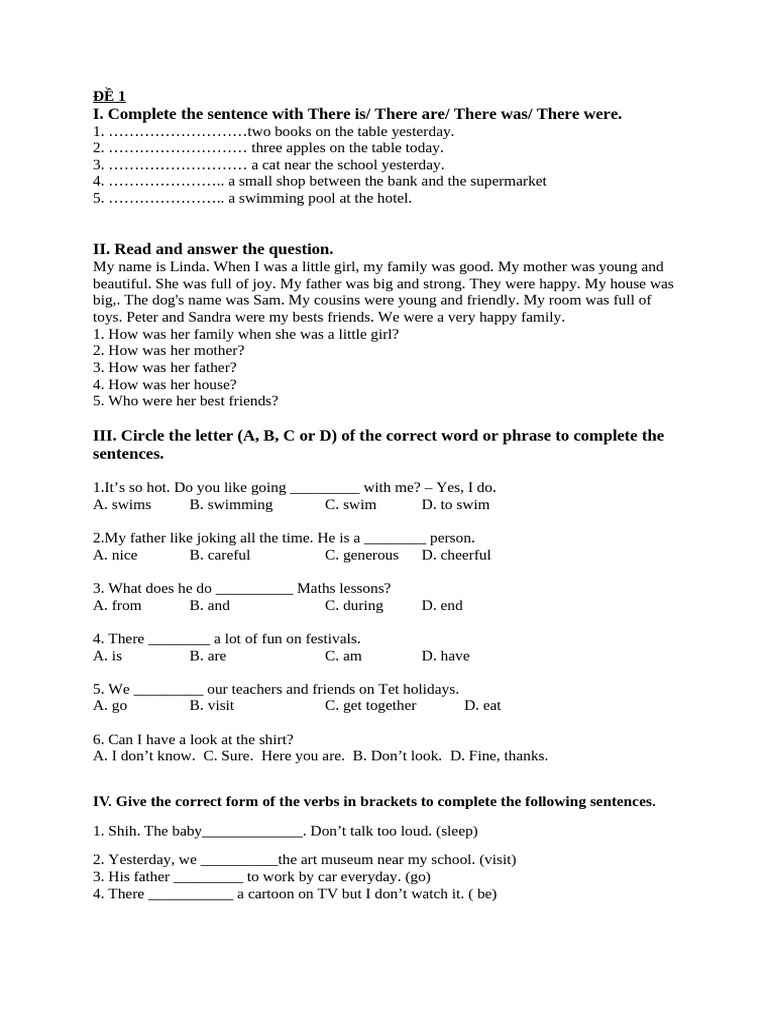 I. Complete The Sentence With There Is/ There Are/ There Was/ There ...