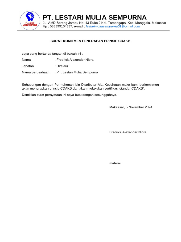 Surat Pernyataan Komitmen Penerapan Prinsip Cdakb | PDF