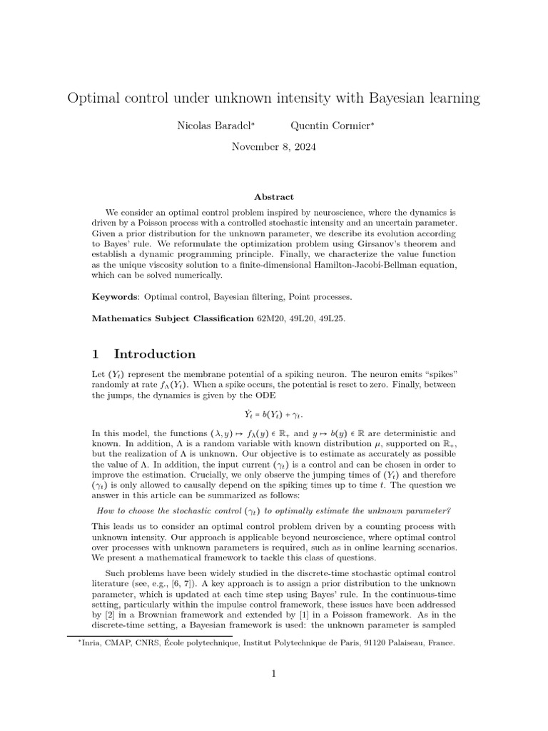Optimal Control Under Unknown Intensity With Bayesian Learning | PDF | Stochastic Process ...