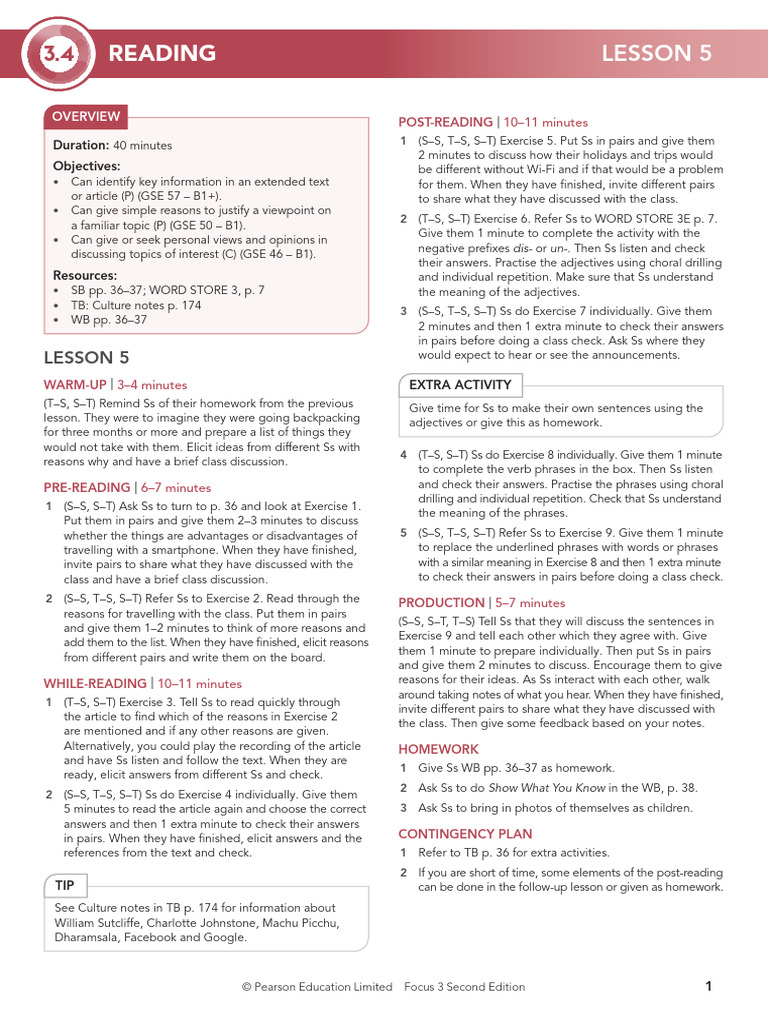 Focus3 2E LessonPlans U03 Lesson5 Reading | PDF | Human Communication | Linguistics