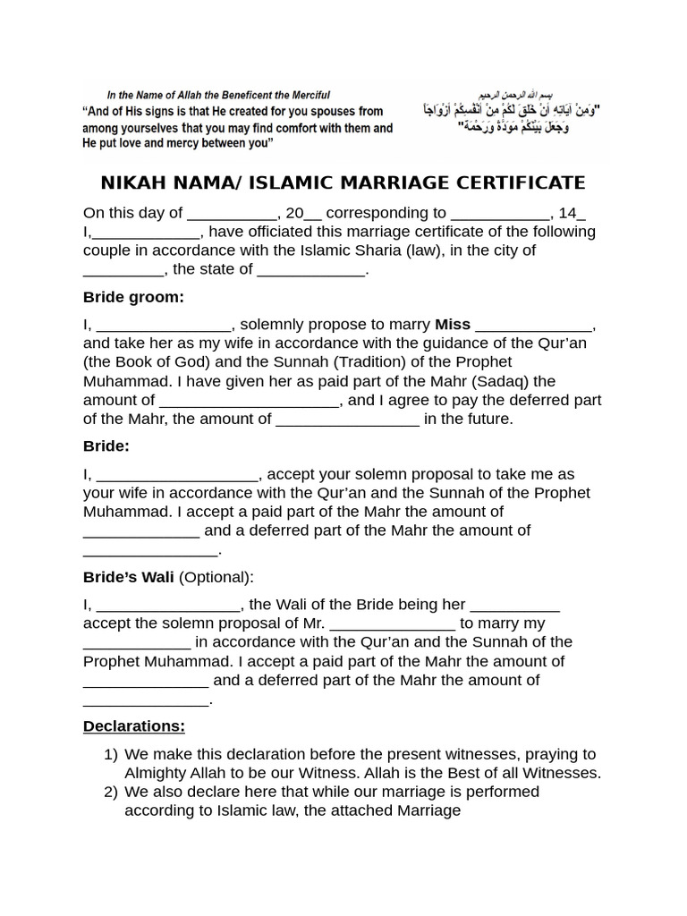 Islamic Marriage Certificate Template | PDF | Finance & Money Management