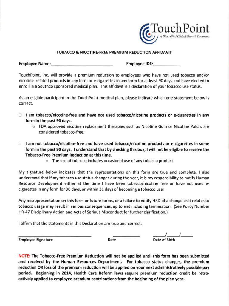 2019 TouchPoint Inc Tobacco Free Premium Reduction Affidavit-FINAL | PDF