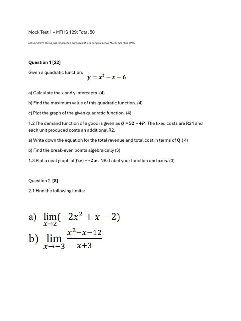 Mock Test 1-MTHS129 | PDF