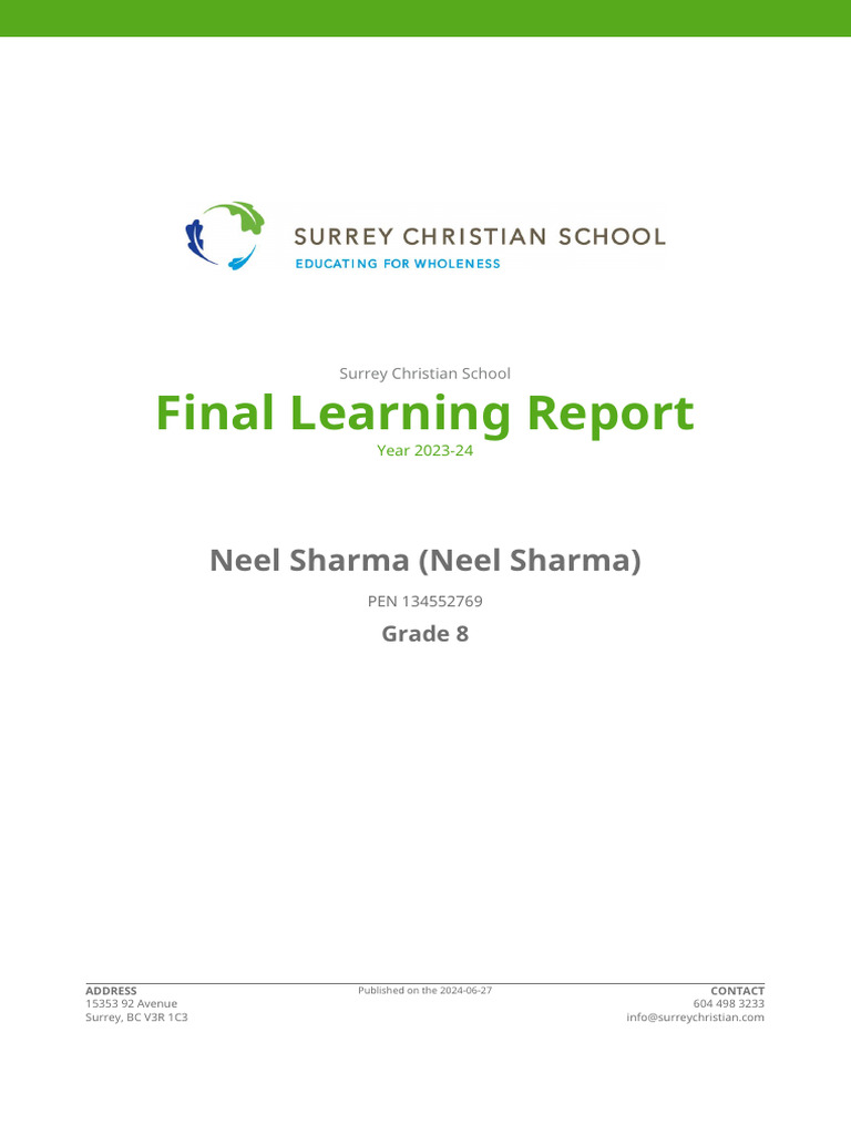 Surrey Christian School Grade 8 Report | PDF | Reading Comprehension | Data