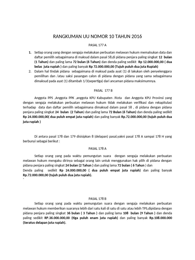 Rangkuman Uu Nomor 10 Tahun 2016 | PDF | Politik