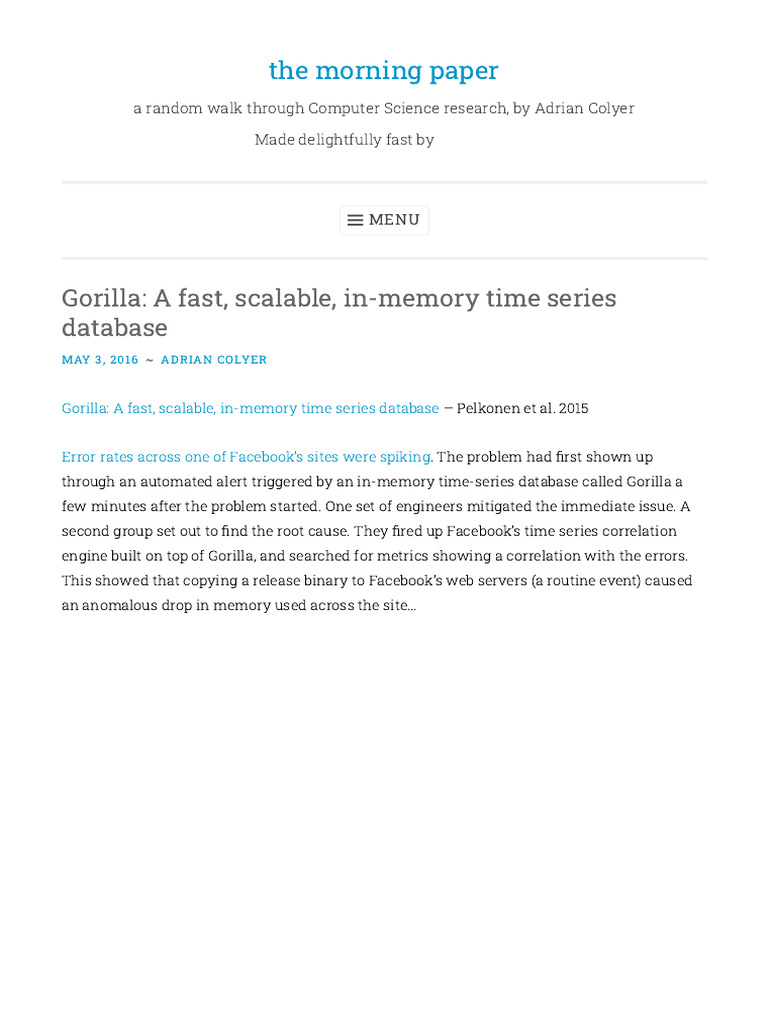 Gorilla A Fast Scalable In Memory Time Series Database The Pdf Databases Computing