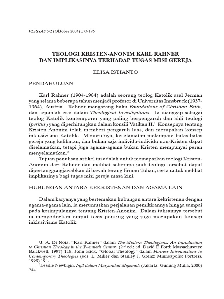 Teologi Kristen-Anonim Karl Rahner Dan Implikasinya Terhadap Tugas Misi Gereja | PDF | Agama ...