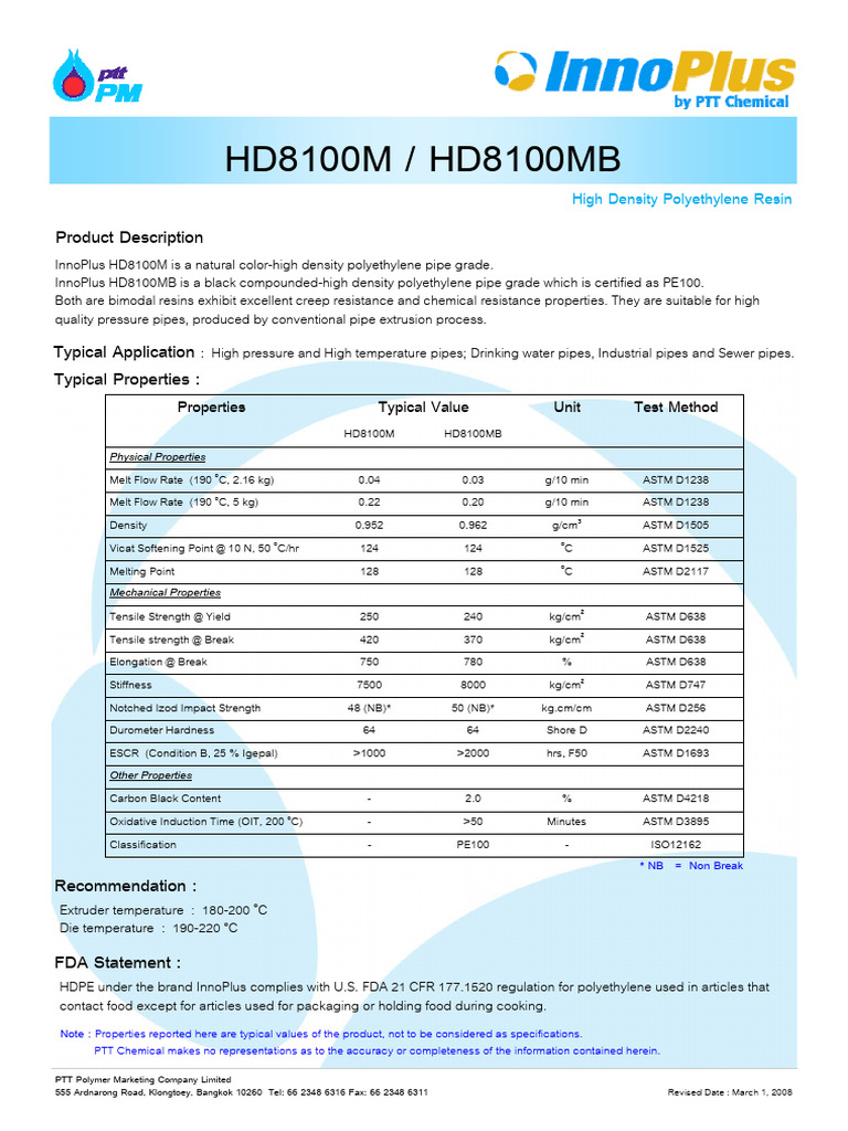 Innoplus HD8100M & HD8100MB | PDF | Polyethylene | Industrial Processes