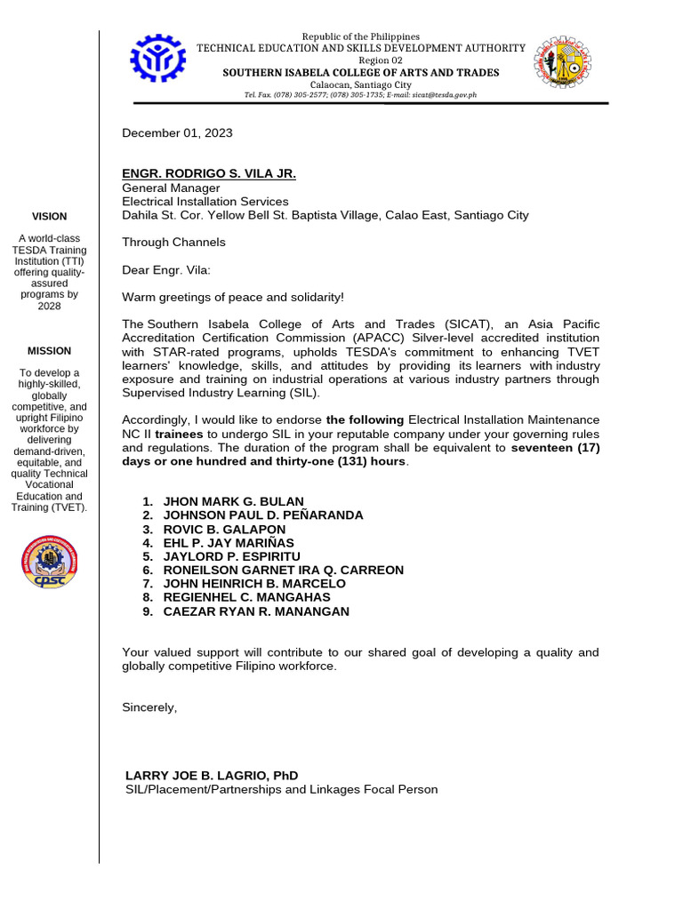 Endorsement Letter EIS Electrical Installation Services | PDF | Career ...