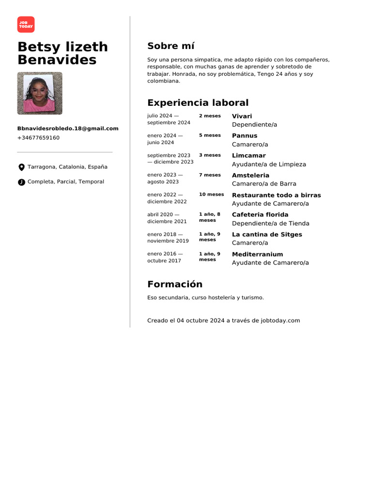 Perfil laboral de Betsy Benavides en hostelería | PDF