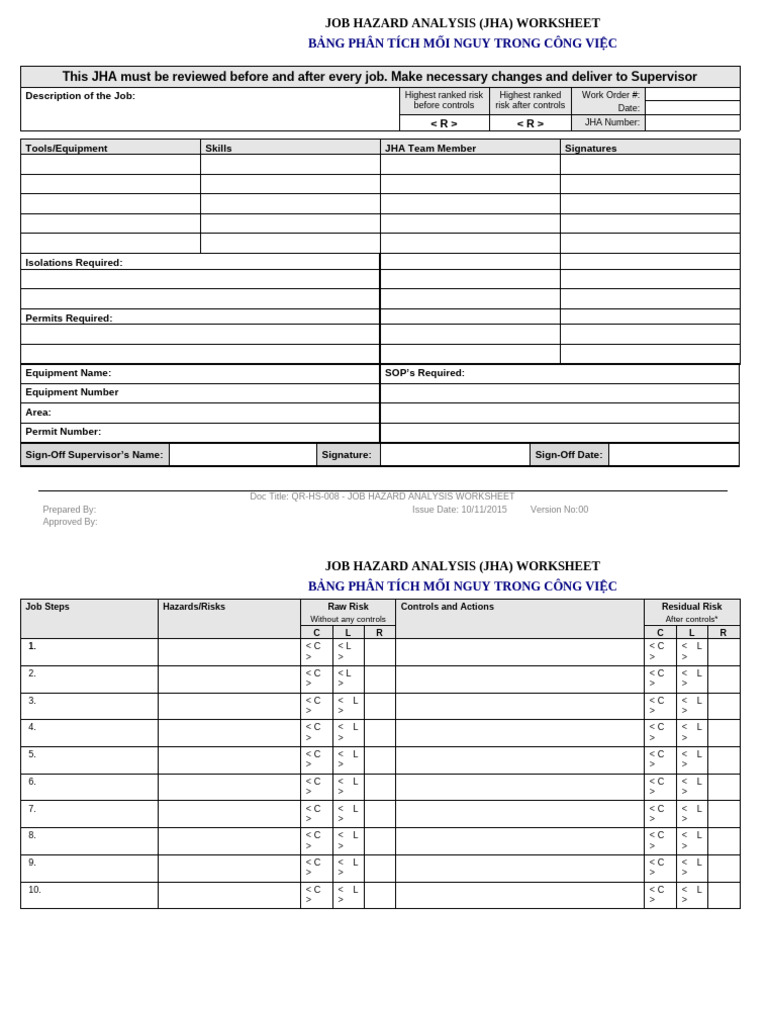JHA Worksheet - Ver 1.0 | PDF | Hazards | Risk