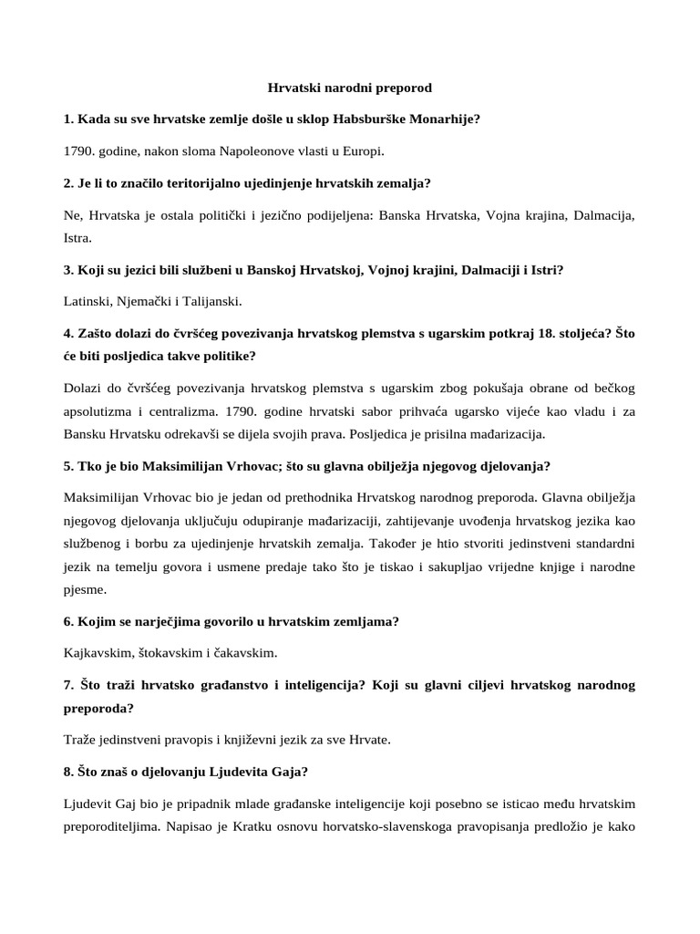 Hrvatski Narodni Preporod - Pitanja | PDF