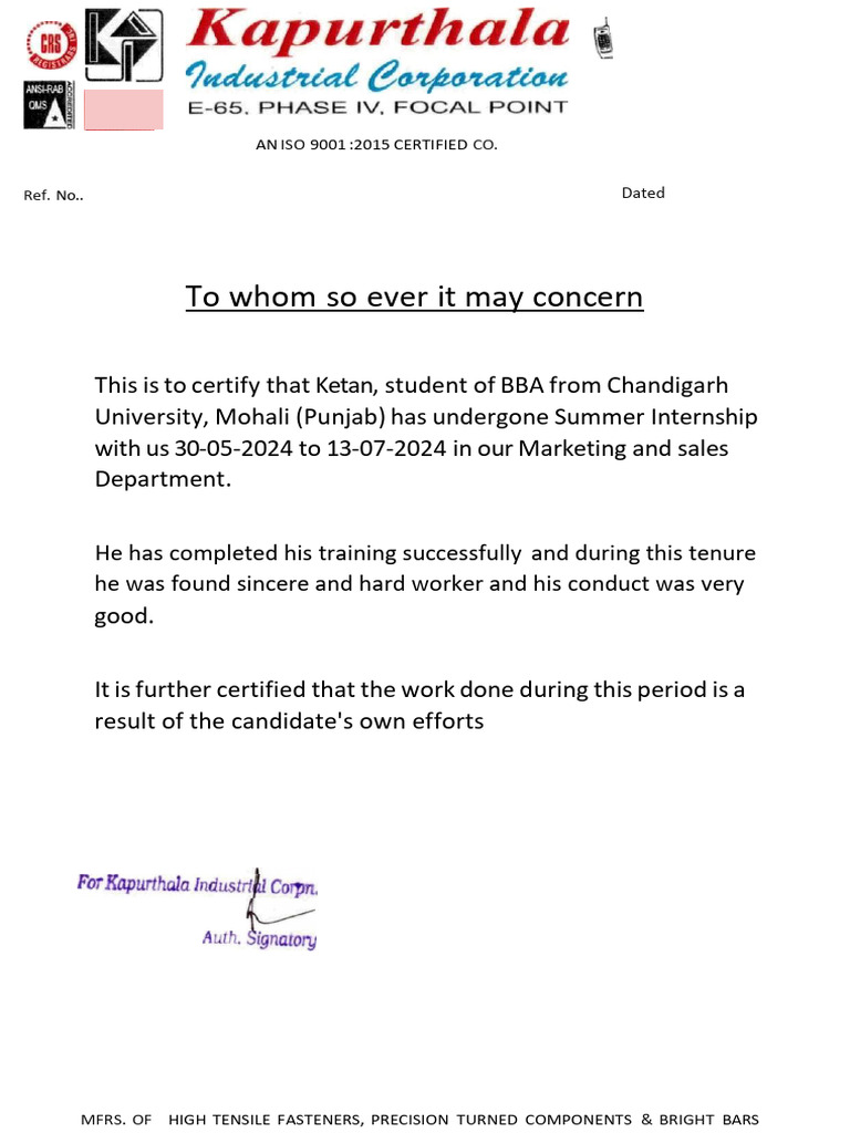 Kapurthla SIP Certificate | PDF