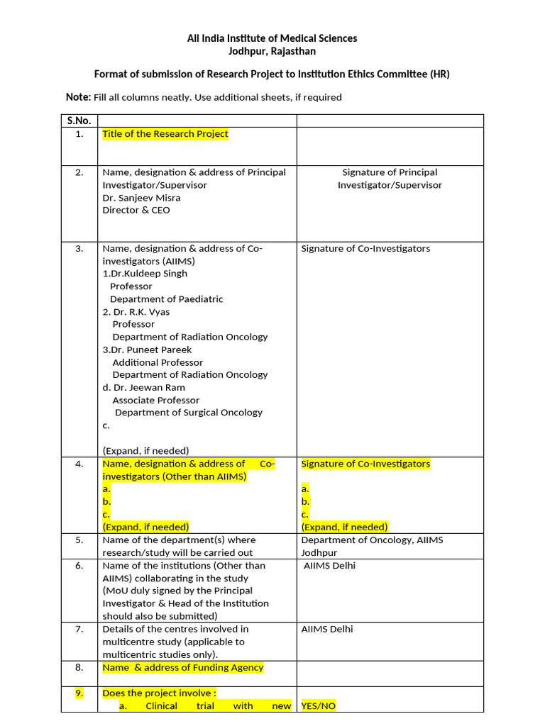 Format of Submission of Research Project To Institutional Ethics ...