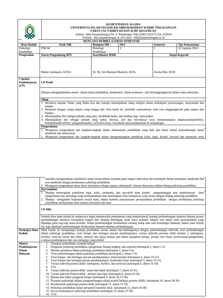 RPS Psikologi Pendidikan PGMI 2024 | PDF