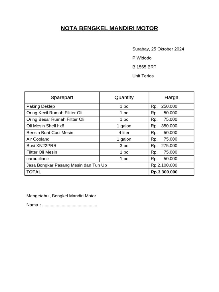 Nota Bengkel Mandiri Motor | PDF