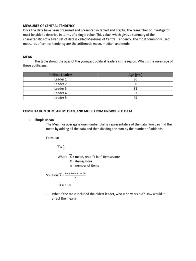 Measures of Central Tendency | PDF | Arithmetic Mean | Mode (Statistics)