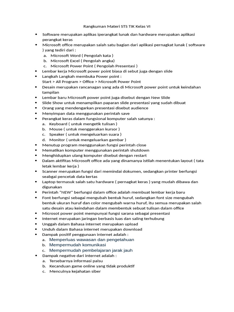 Rangkuman Materi STS TIK Kelas VI 24 | PDF