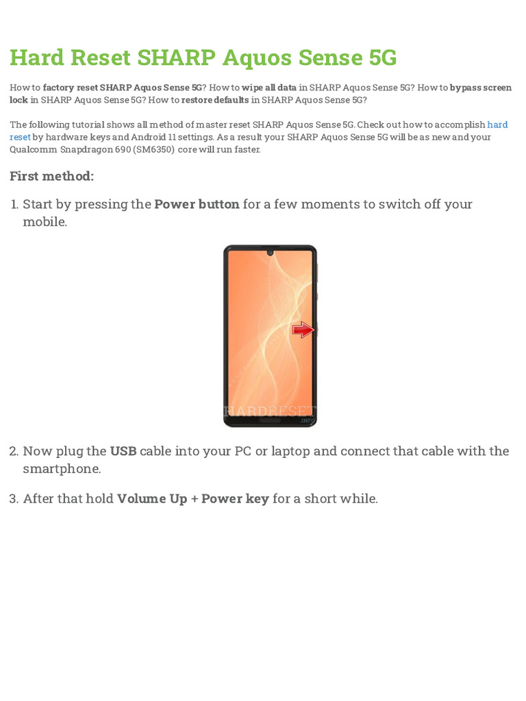 Hard Reset Guide for SHARP Aquos Sense 5G | PDF