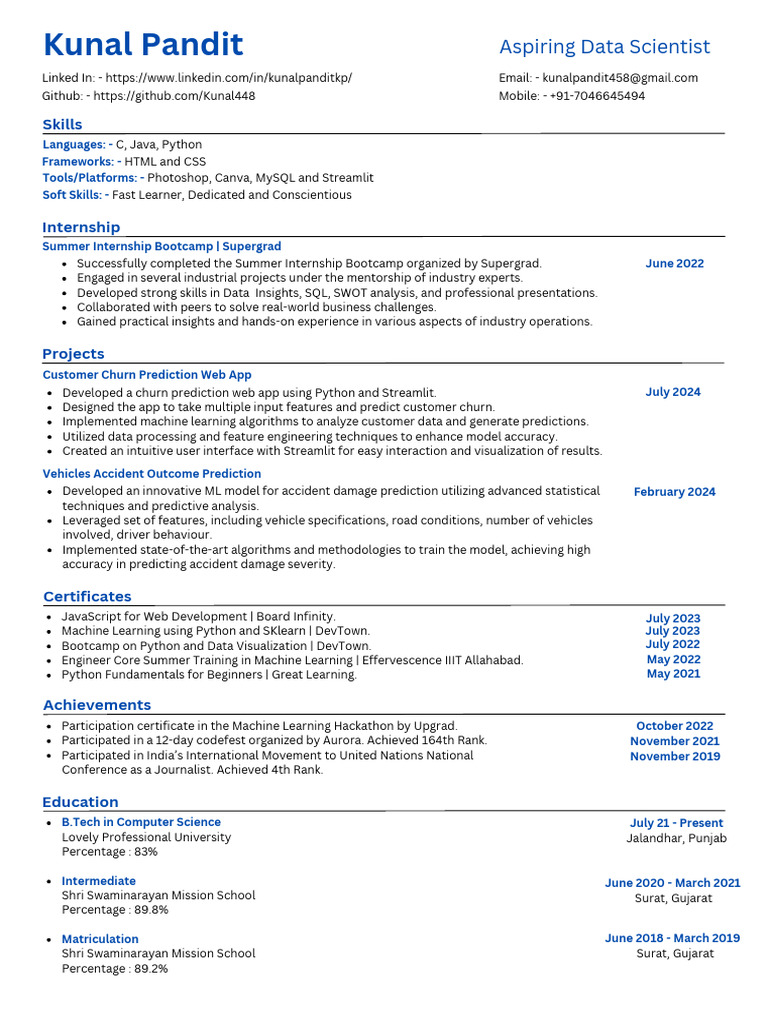 Kunal Pandit Resume | PDF | Machine Learning | Python (Programming ...