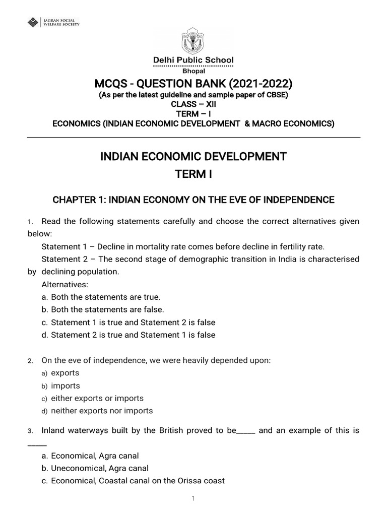 Class 12 Economics MCQs Question Bank | PDF