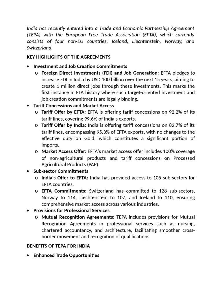 India - European Free Trade Association (Efta) Signed A Comprehensive ...