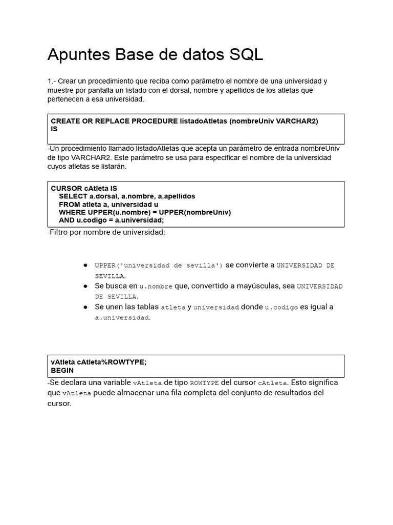 Procedimientos SQL para Atletas | PDF | Programación de computadoras | Informática