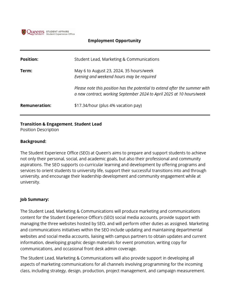 Marketing & Communications Student Lead - Job Description - 2024 | PDF ...