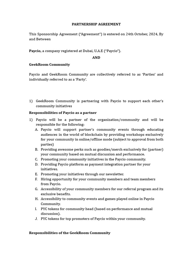 Paycio Community Partnership MoU With GeekRoom | PDF | Legal Liability ...