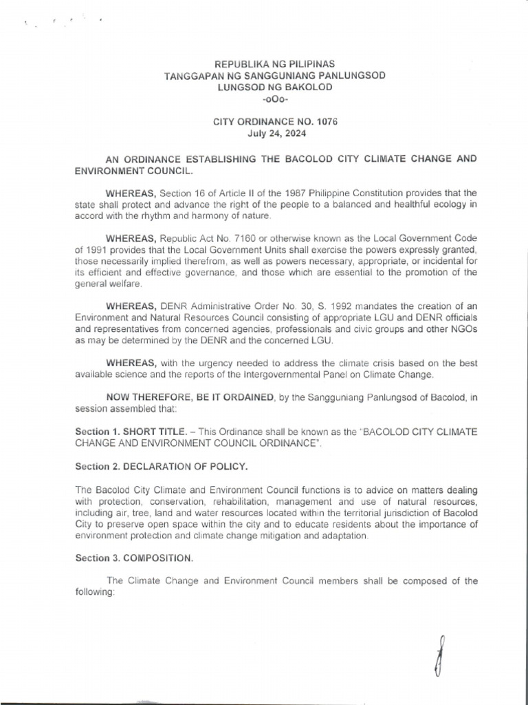 Bacolod City Climate Council Ordinance | PDF | Environmental Protection
