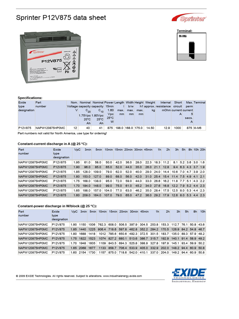 Battery Sprinter - P12V875 | PDF | Electronic Engineering | Electrical ...